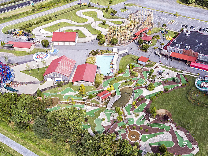 A bird's-eye view of childhood joy! Adventure Park USA sprawls across the Maryland landscape like a playground designed by someone who never forgot what fun feels like.
