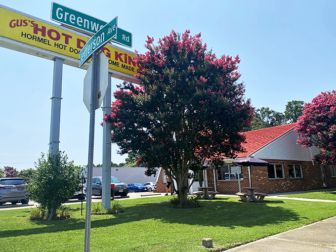 The iconic yellow sign of Gus's Hot Dog King stands like a beacon of comfort food against the Virginia sky, promising Hormel hot dogs and memories in equal measure.