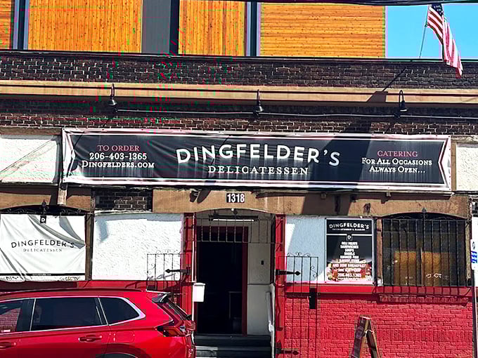 The red brick facade of Dingfelder's stands like a portal to deli nirvana, promising authentic flavors that transport you straight to the Lower East Side.