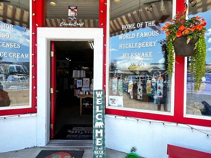 The red-trimmed storefront proudly announces its claim to fame&mdash;home of the world-famous huckleberry milkshake. Small town, big flavor.
