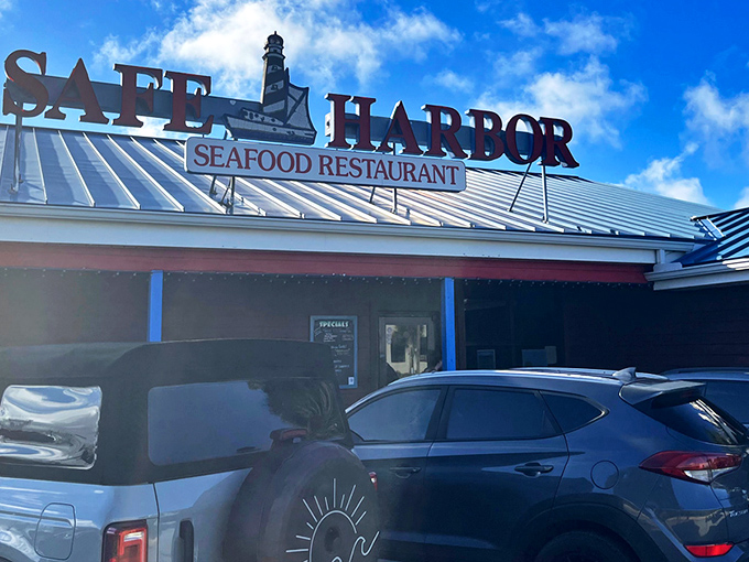 The unassuming exterior of Safe Harbor belies the seafood treasures within. That metal roof has weathered more Florida storms than a weatherman's hairpiece.