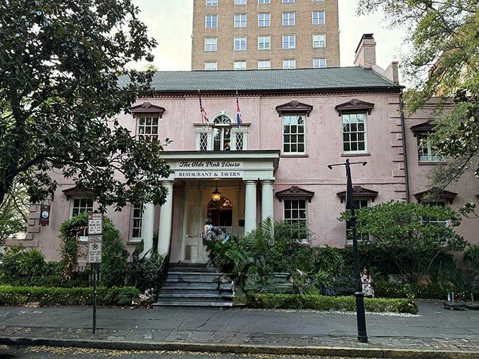 The blush-colored mansion stands proudly on Reynolds Square, proving that real men (and buildings) can wear pink and still look absolutely magnificent.