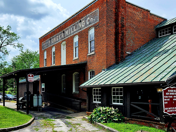 History you can taste! The iconic brick exterior of Pioneer Mill stands as a delicious time capsule in Tiffin, where flour-making heritage meets modern culinary magic.