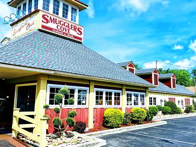 The lighthouse-inspired cupola atop Smuggler's Cove beckons hungry travelers like a beacon of seafood salvation in the Pocono Mountains. 