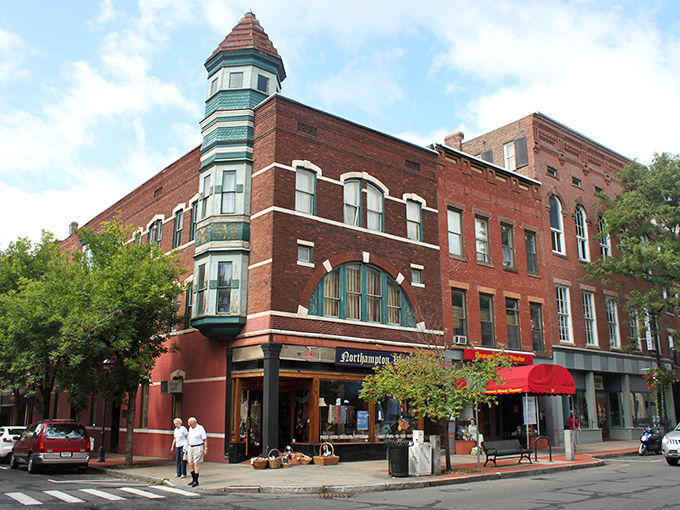 Historic brick architecture with a distinctive turret corner dominates downtown Northampton, where old-world charm meets modern retail sensibilities without breaking the bank.