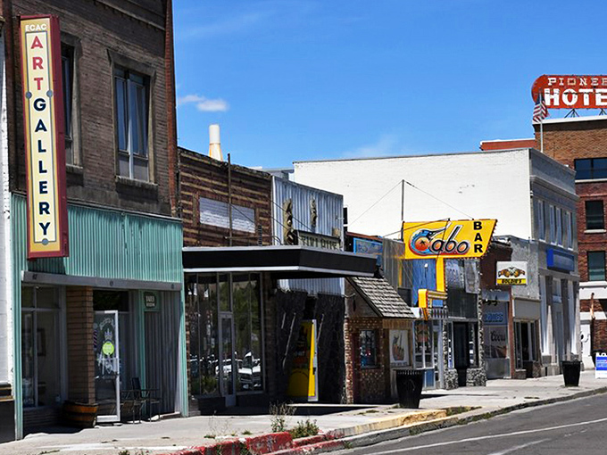 Downtown Elko's historic buildings tell stories of boom times and resilience, with the Art Gallery and Pioneer Hotel standing as colorful sentinels of the past.