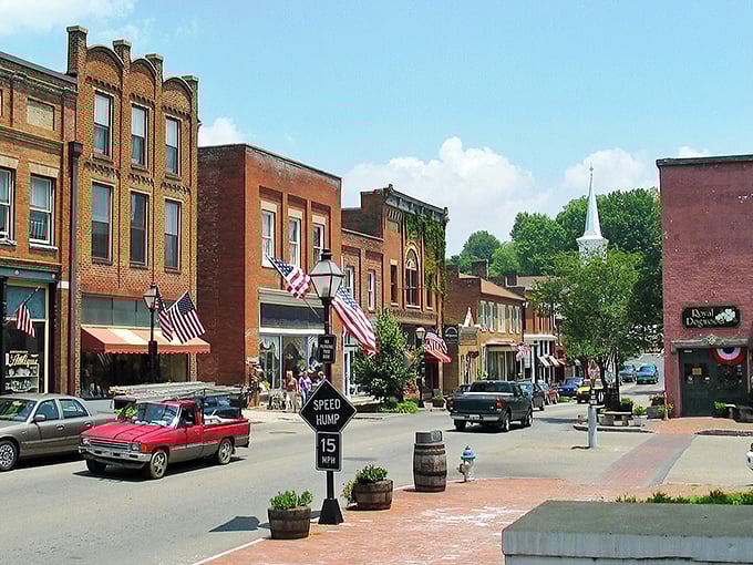 Historic brick buildings line Jonesborough's Main Street, where American flags flutter in the breeze and time seems to slow down by at least a century.