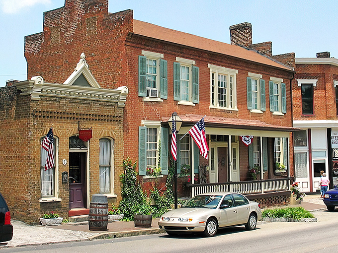 Historic brick buildings line Jonesborough's Main Street, where American flags flutter in the breeze and time seems to slow down by at least a century.
