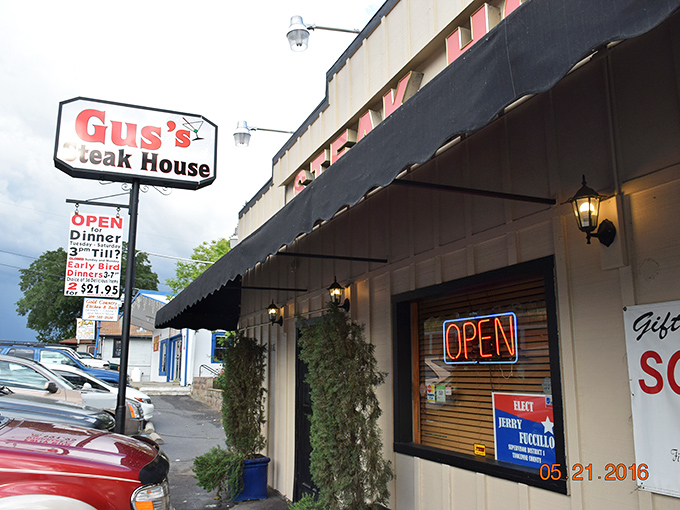 The bold red lettering against the golden exterior isn't just signage&mdash;it's a beacon for carnivores, promising salvation from mediocre meals.