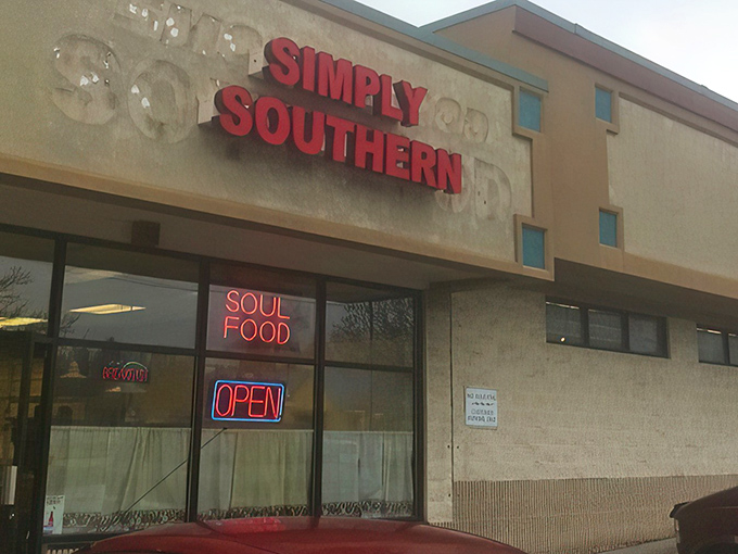 The bold red "SIMPLY SOUTHERN" sign beckons like a lighthouse for hungry souls wandering the Indianapolis suburbs. Southern comfort awaits inside this unassuming strip mall treasure.