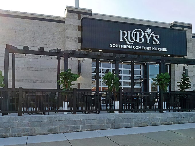 Ruby's modern exterior blends contemporary design with Southern hospitality. The inviting patio practically begs you to sit a spell and stay awhile.