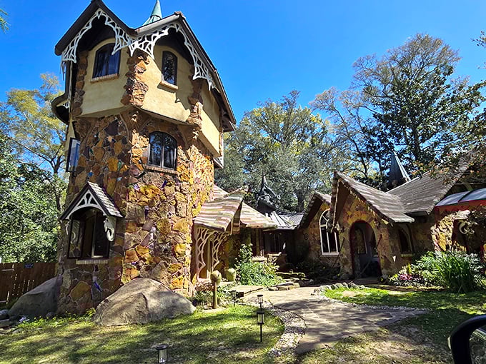 The stuff of fairy tales! This stone tower with its green conical roof rises from the Alabama woods like a magical sentinel guarding enchanted grounds.