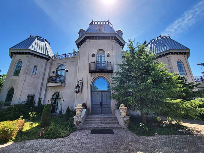 A castle in Albuquerque? This European-inspired architectural marvel stands proudly against the New Mexico sky, complete with elegant spires and cobblestone pathways.