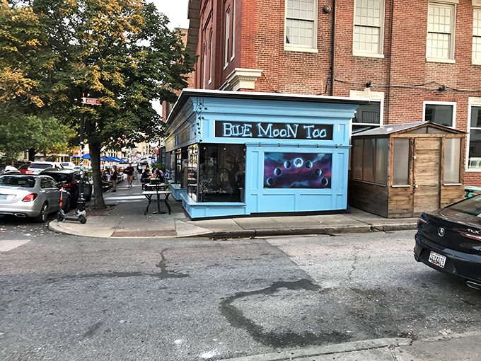 The bright blue storefront of Blue Moon Too stands out like a sapphire in Baltimore's Federal Hill, promising breakfast magic inside this tiny culinary gem.