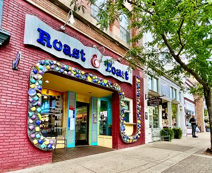The colorful coffee mug entrance to Roast & Toast isn't just decorative&mdash;it's a caffeinated welcome committee promising good things await inside.