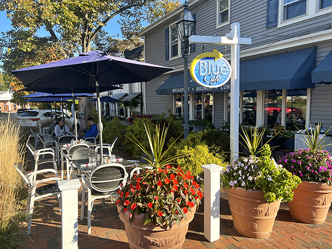 The welcoming blue awnings and vibrant potted plants make Blue Cafe's exterior as inviting as a friend's porch on a perfect summer day.