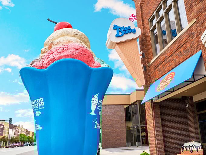 The brick fa&ccedil;ade of Wells Visitor Center stands proudly in downtown Le Mars, with that giant ice cream cone sculpture practically winking at passersby.