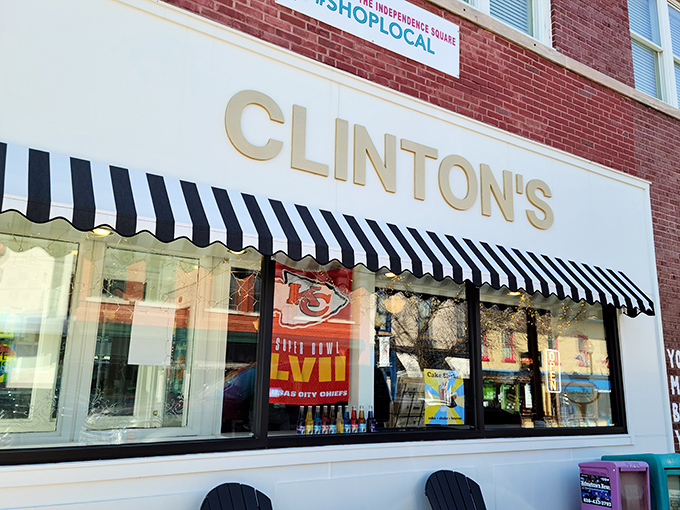 The classic storefront beckons with its vintage charm&mdash;Clinton's iconic awning and cozy outdoor seating invite you to step back in time on Independence Square.