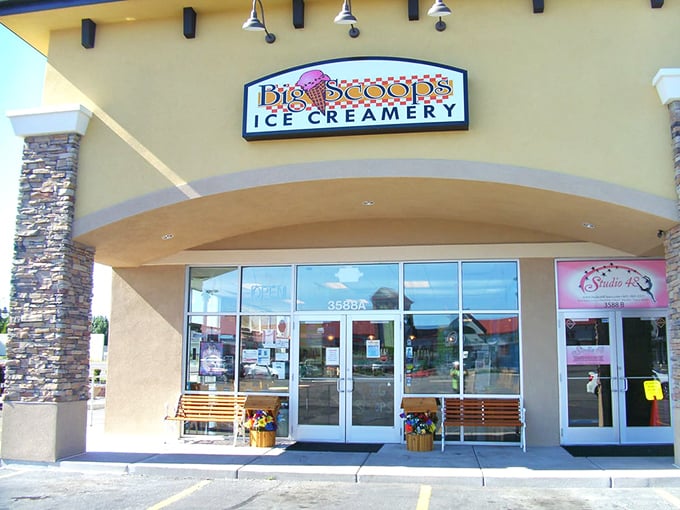 The cheerful yellow exterior of Big Scoops beckons like a dessert lighthouse, complete with welcoming benches where you can savor your frozen treasures in the Utah sunshine. 