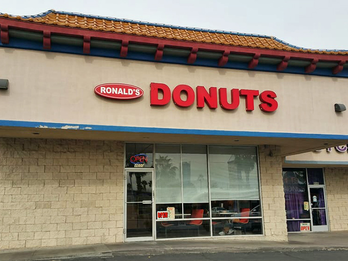 Welcome to donut nirvana! Ronald's Donuts stands proud, its sign a beacon of hope for sugar-starved souls in the desert.