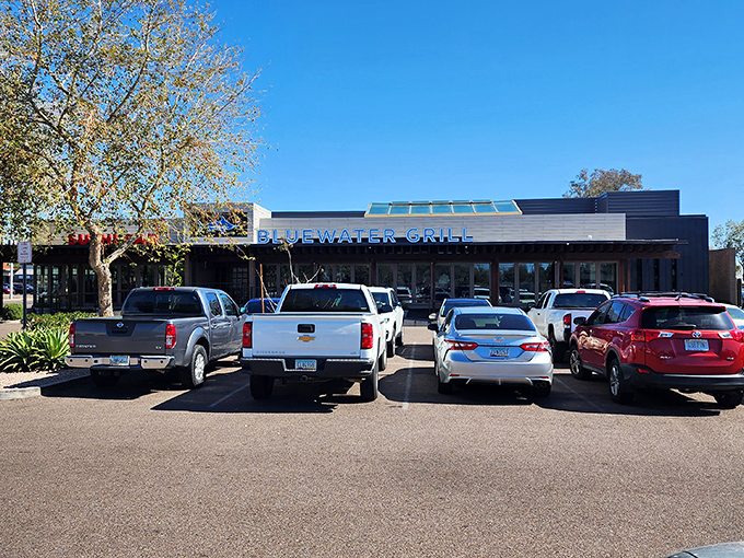 Desert oasis alert! Bluewater Grill's modern exterior belies the seafood treasures within. Like finding Atlantis in a Phoenix strip mall.