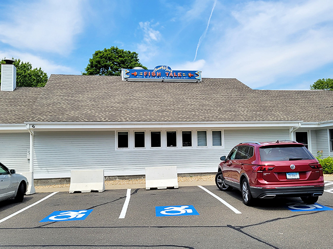 The unassuming exterior of seafood paradise &ndash; where Connecticut's coastal treasures await behind a humble fa&ccedil;ade that belies the culinary magic within.