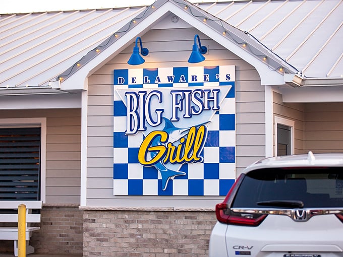 The iconic blue and white checkered sign welcomes hungry seafood pilgrims. Like a lighthouse for your stomach guiding you to flavor shores.