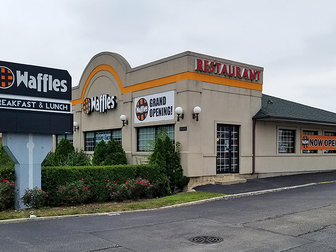 The unassuming exterior of Chicago Waffles might not stop traffic, but locals know this beige building houses breakfast magic worth seeking out.
