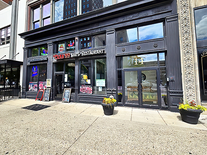 The historic brick façade of Crab 99 Bar & Restaurant stands proudly in downtown Indianapolis, proving great seafood can indeed thrive in landlocked territory.