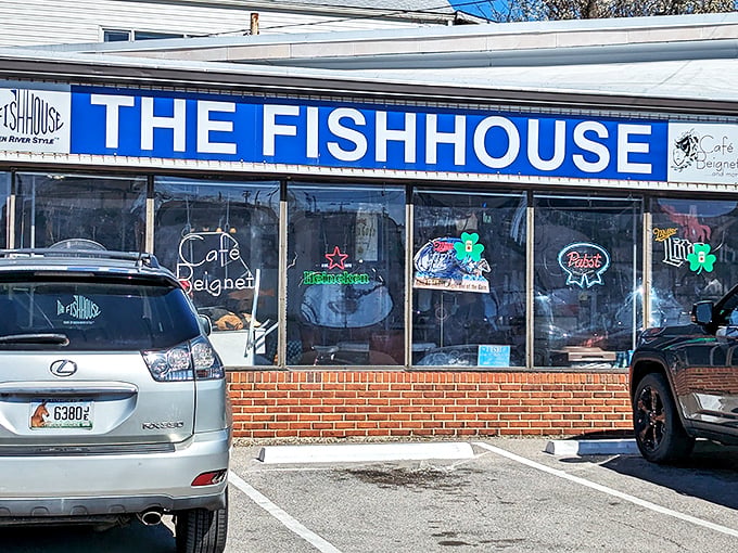 The blue sign beckons like a lighthouse for the seafood-starved. No fancy architecture needed when what's inside is this good.