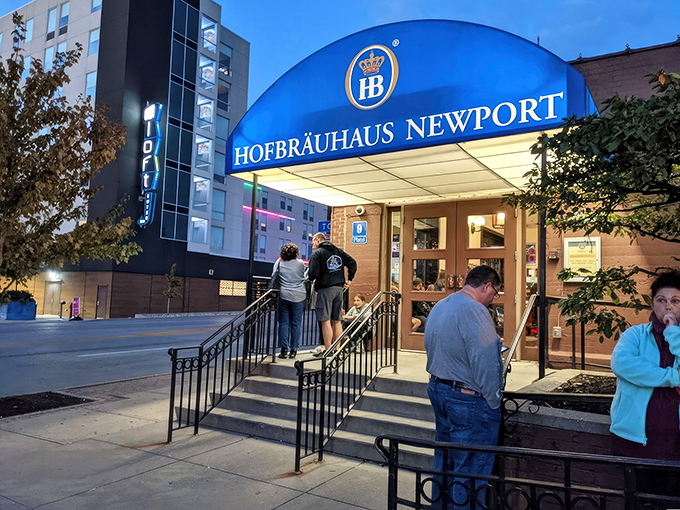 The brick facade of Hofbr&auml;uhaus Newport welcomes you with vibrant flower boxes that practically shout, "Come in, we've been expecting you!"
