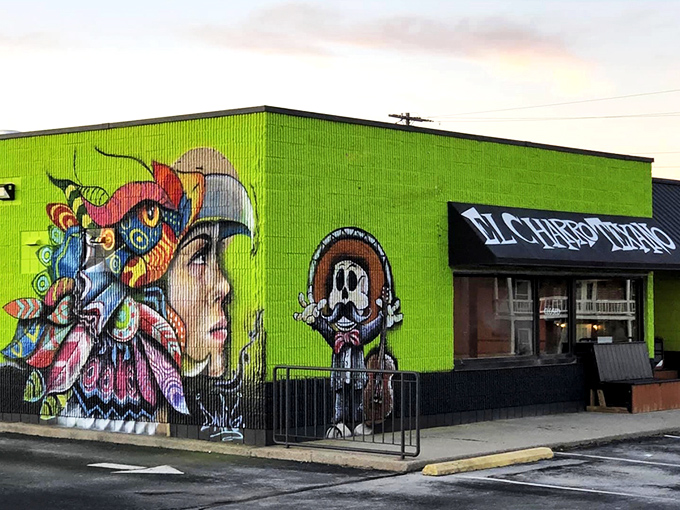 The lime-green exterior of El Charro Texano isn't just eye-catching&mdash;it's practically a landmark. These vibrant murals tell you immediately: this isn't your average taco joint.
