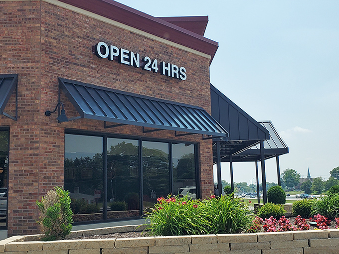 The brick exterior of Gingham's proudly announces "OPEN 24 HRS" &ndash; a beacon of hope for hungry night owls and early birds alike.