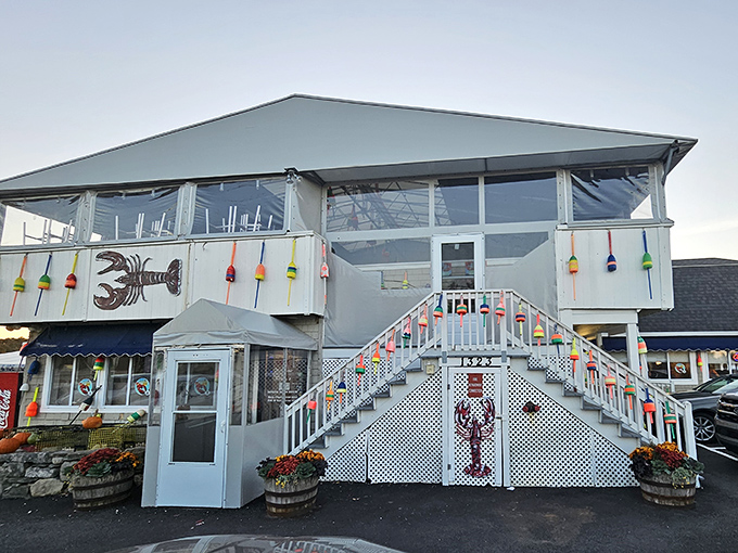 The stairway to seafood heaven! Petey's distinctive white exterior with colorful buoys promises maritime delights before you even step inside.