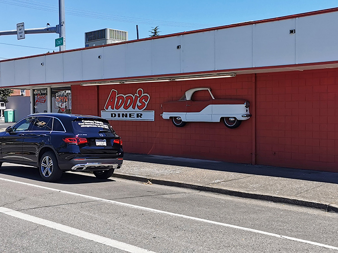 The classic red and white exterior promises what every great American diner should: Peace, Love, and Pancakes. A holy trinity if there ever was one. 