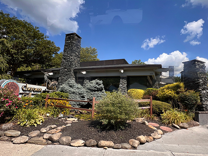 The mountain lodge aesthetic of Cherokee Grill's exterior isn't just for show&mdash;those stone pillars and timber beams practically whisper, "Come in, carnivores. Your sanctuary awaits." 