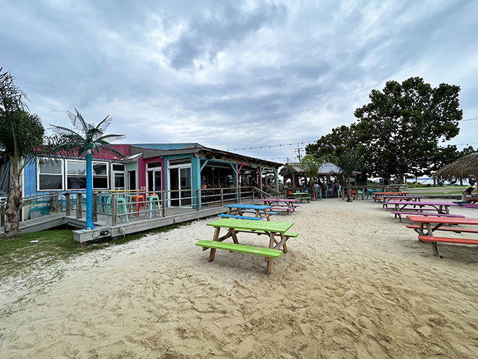 Rainbow-colored picnic tables create a beachside paradise where your toes can wiggle in the sand while your taste buds dance with delight.