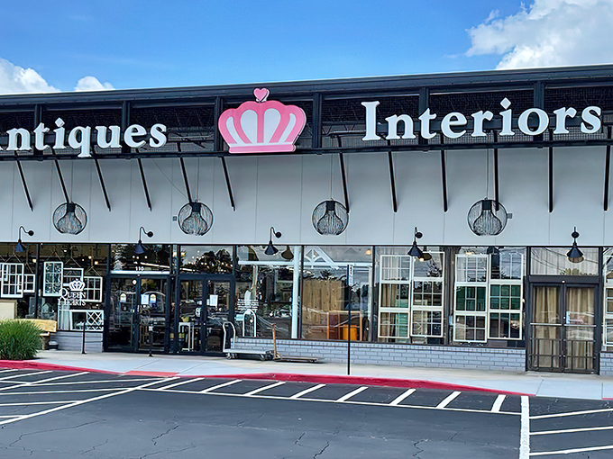 The royal welcome! Queen of Hearts Antiques & Interiors stands proudly in Marietta, its crown logo promising treasure hunters a kingdom of vintage delights inside.