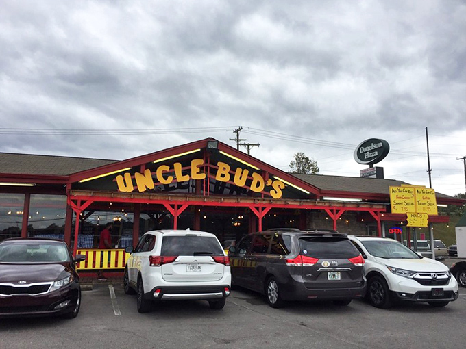 The unassuming exterior of Uncle Bud's might not win architectural awards, but that yellow sign promises treasures that fancy facades can't deliver.