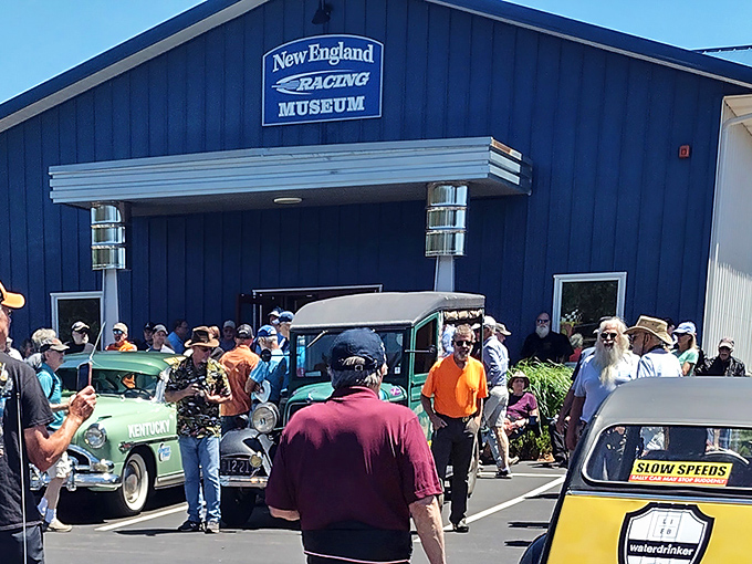 The blue-roofed North East Motor Sports Museum stands ready to welcome visitors, its unassuming exterior hiding a treasure trove of racing history within.