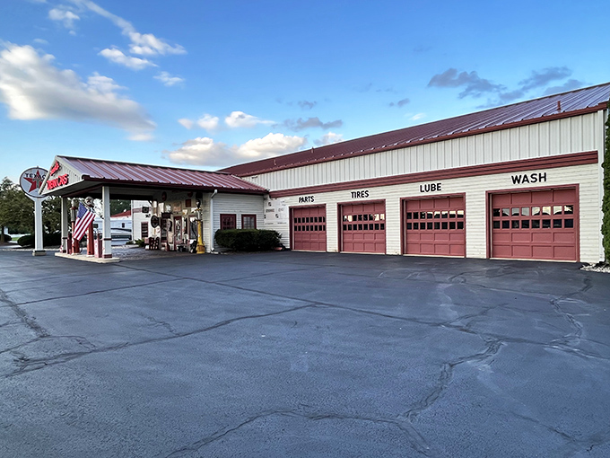 The vintage Texaco gas station fa&ccedil;ade welcomes visitors like a portal to America's automotive golden age, complete with those iconic red pumps.