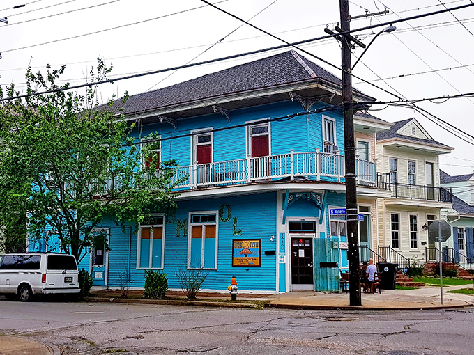 The vibrant blue exterior of Trem&eacute;'s Petit Jazz Museum stands out like a high note in a quiet melody, inviting curious passersby to discover the treasures within.