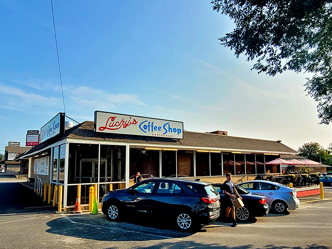 Lucky's iconic storefront stands like a beacon of breakfast hope, promising morning salvation to hungry Wilmington residents. 