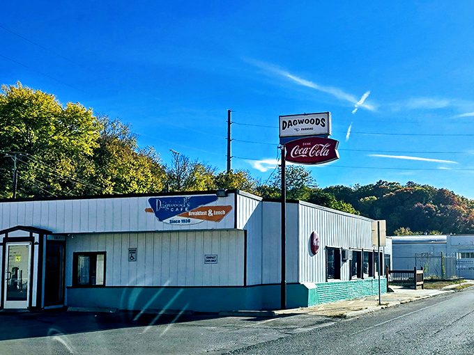 The unassuming exterior of Dagwood's Cafe stands as a beacon for breakfast lovers, its vintage Coca-Cola sign promising honest food without pretension.