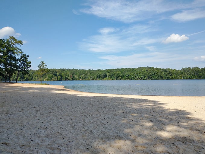 Lake Rutledge's pristine sandy beach offers a slice of coastal paradise without the four-hour drive to Georgia's shoreline. Who needs saltwater when you've got this?