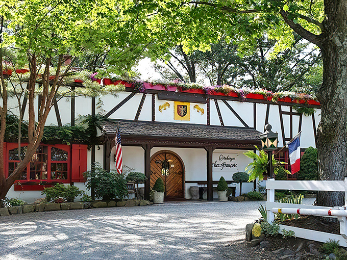 The charming exterior of L'Auberge Chez Fran&ccedil;ois looks like it was plucked from an Alsatian fairy tale and dropped into Virginia's countryside.