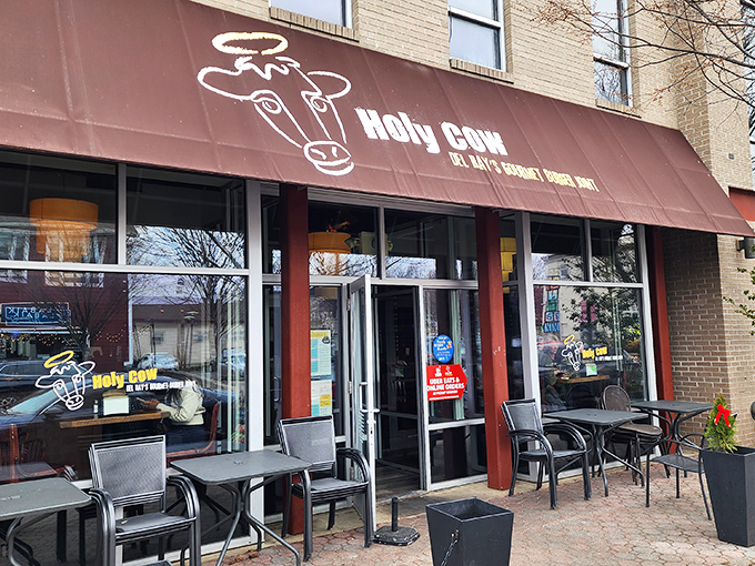 The unassuming storefront of Holy Cow beckons with patriotic bunting and the promise of burger nirvana. Del Ray's worst-kept delicious secret.