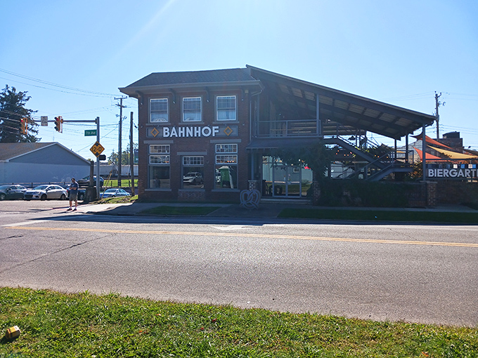 The brick facade of Bahnhof WVrsthaus & Biergarten stands proudly in Huntington, with that giant pretzel sculpture practically winking at hungry passersby.