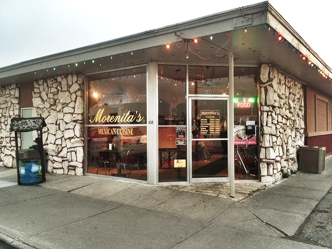 The unassuming stone facade of Morenita's might not scream "food paradise," but those colorful lights are sending delicious Morse code to your stomach.