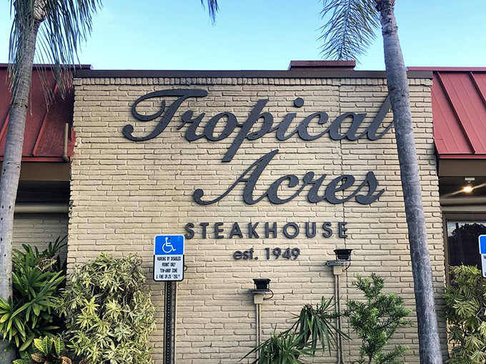 The iconic white brick fa&ccedil;ade of Tropical Acres glows invitingly at night, palm trees standing guard like old friends welcoming you home.